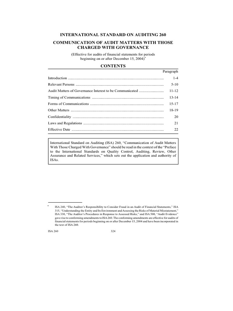 ISA 260 Communication of Audit Matters With Those Charged With Governance | PDF | Audit ...