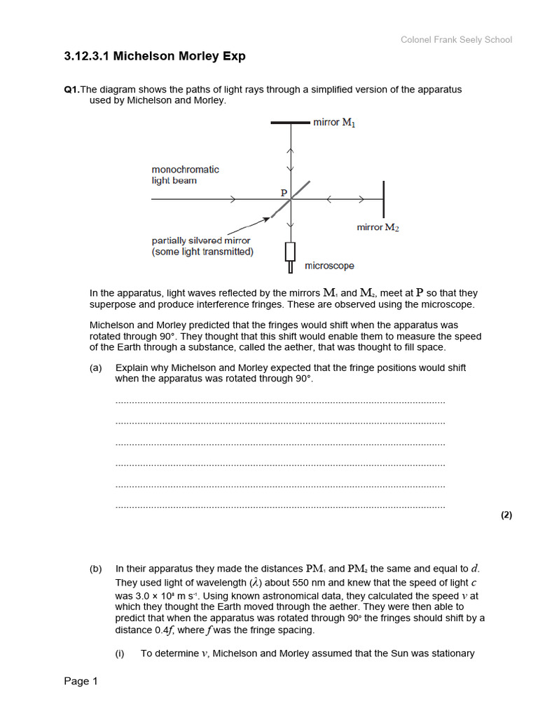 3.12.3.1 Michelson Morley Exp | PDF | Luminiferous Aether | Speed Of Light