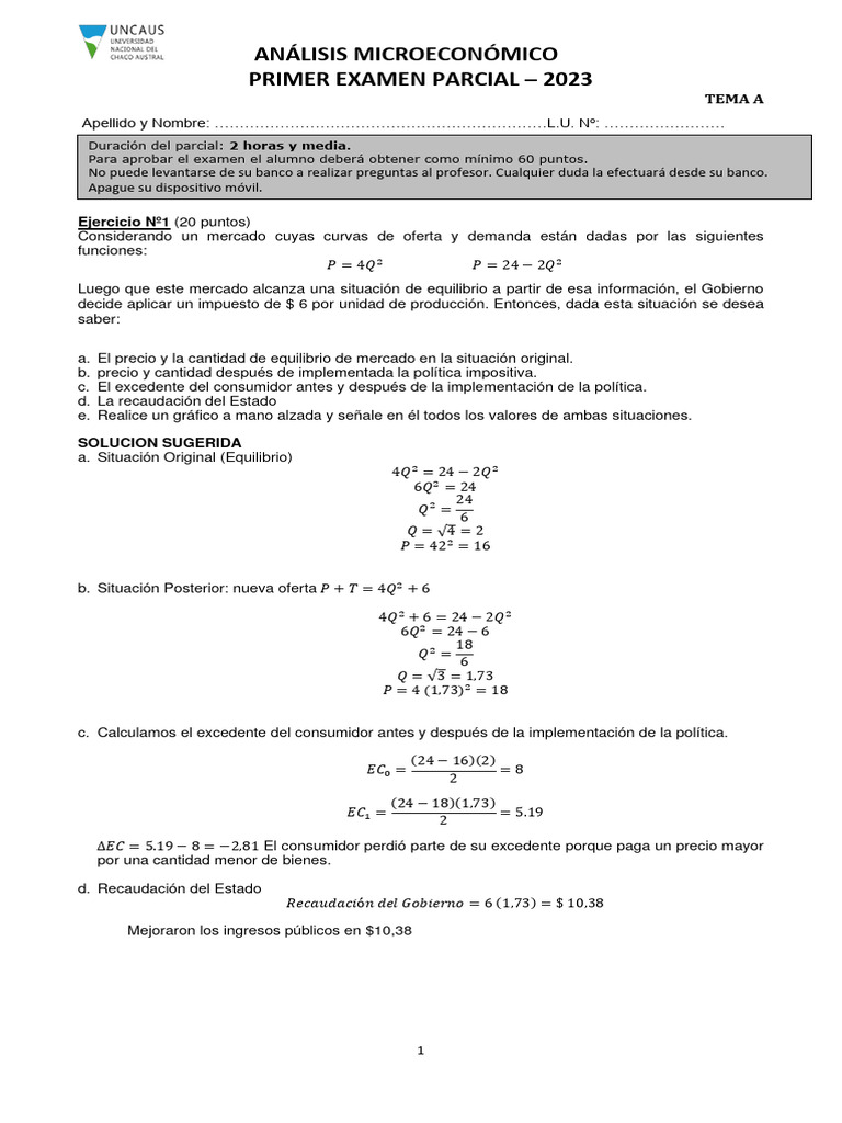 PRIMER PARCIAL (SOLUCIÓN) - Análisis Micro 2023 | Descargar gratis PDF | Excedente económico ...
