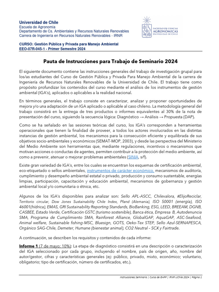 Instrucciones Seminario GAPP IRNR UChile 2024 | PDF | Entorno natural