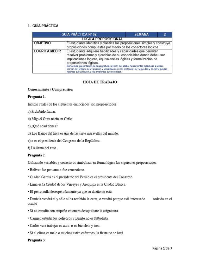 Guia de Ejercicios Semana 2 | PDF | Proposición | Perú Guia de Ejercicios Semana 2 | PDF | Proposición | Perú