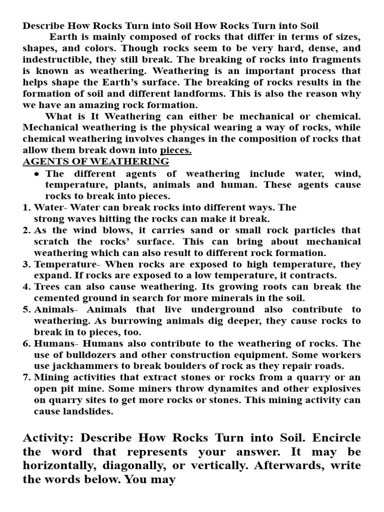Describe How Rocks Turn Into Soil | PDF | Weathering | Rock (Geology)