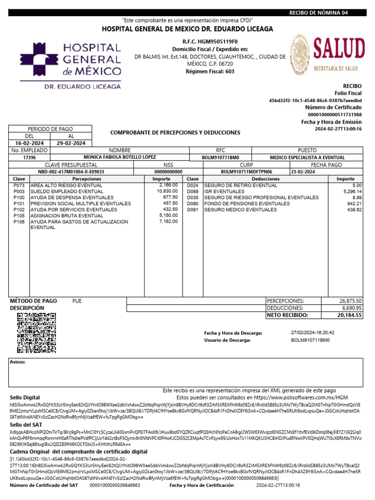 Recibo de Pago HGM - Febrero 2024 | PDF