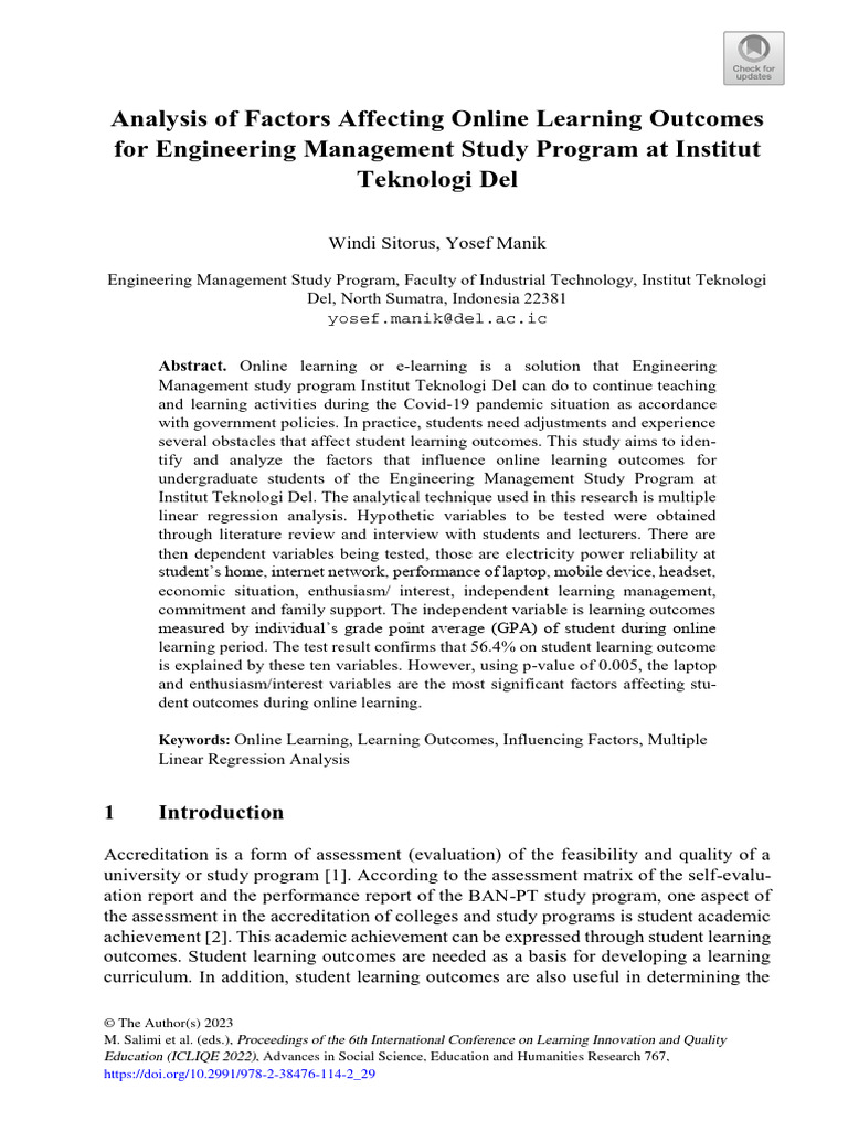 Analysis of Factors Affecting Online Learning Outcomes For Engineering Management Study Program ...
