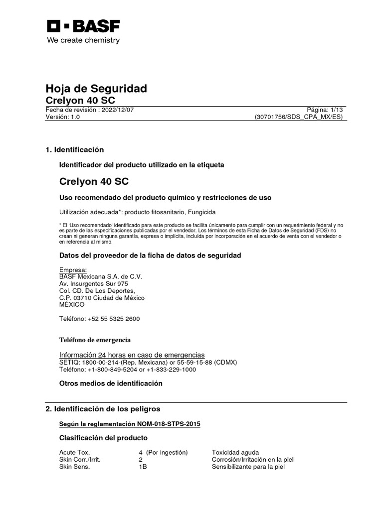 Hoja de Seguridad Crelyon 40 SC | PDF | Agua | Toxicidad