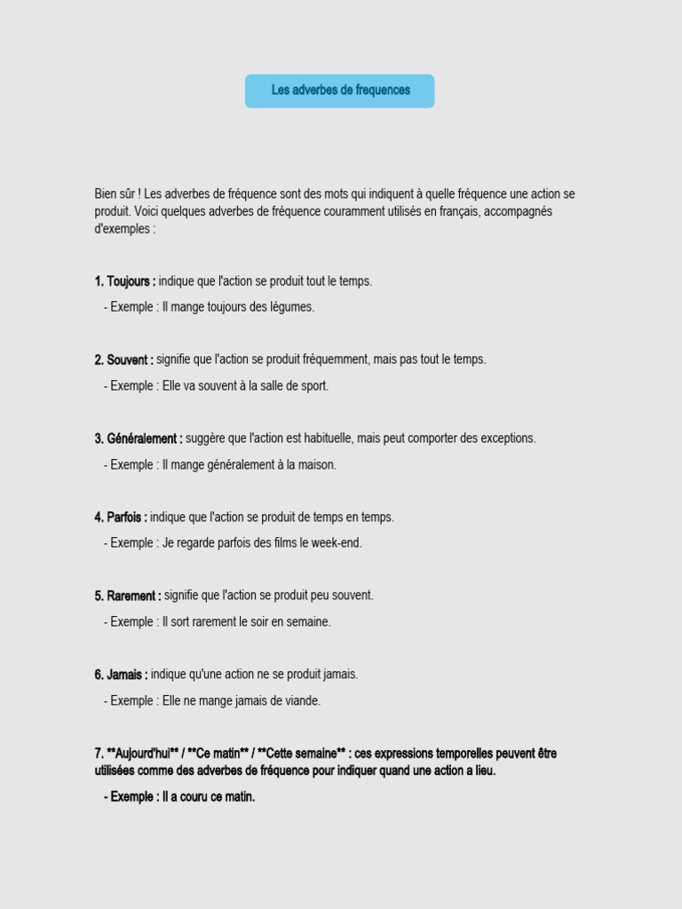 Adverbes de fréquence en français | PDF | Adverbe | Verbe