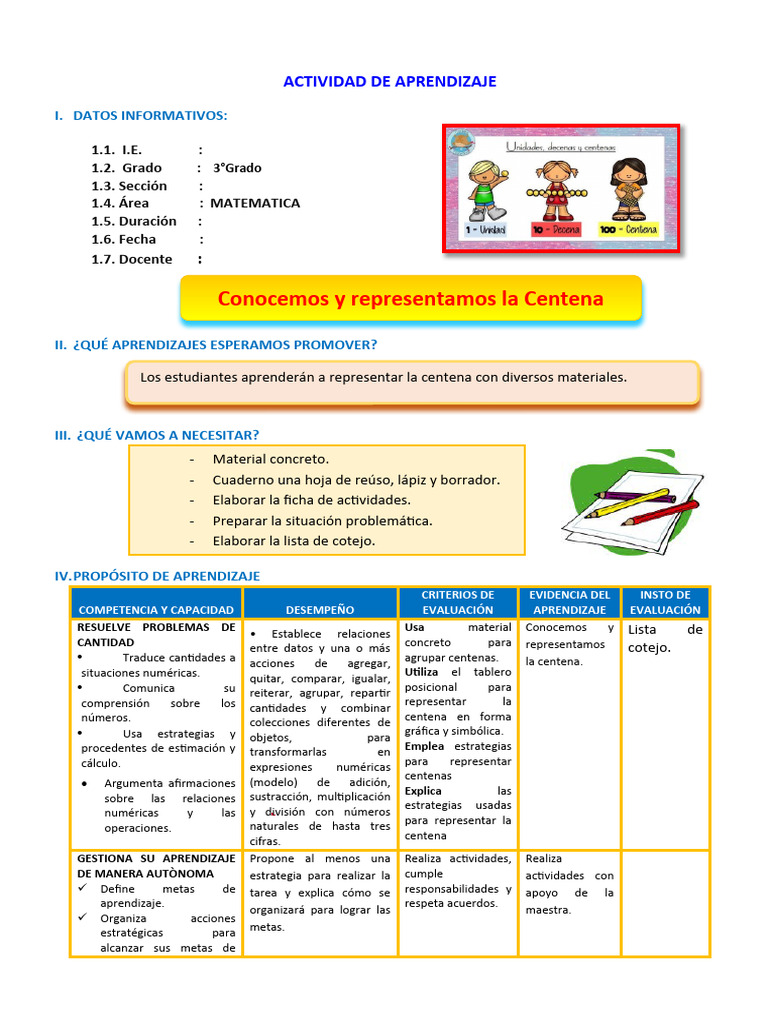 D2 A1 SESION MAT. Conocemos y Representamos La Centena | PDF | Evaluación | Aprendizaje