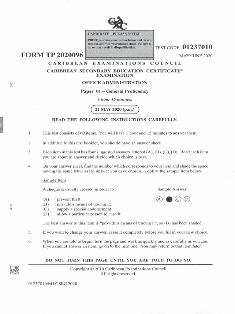 CSEC Office Administration P1 2020 | PDF