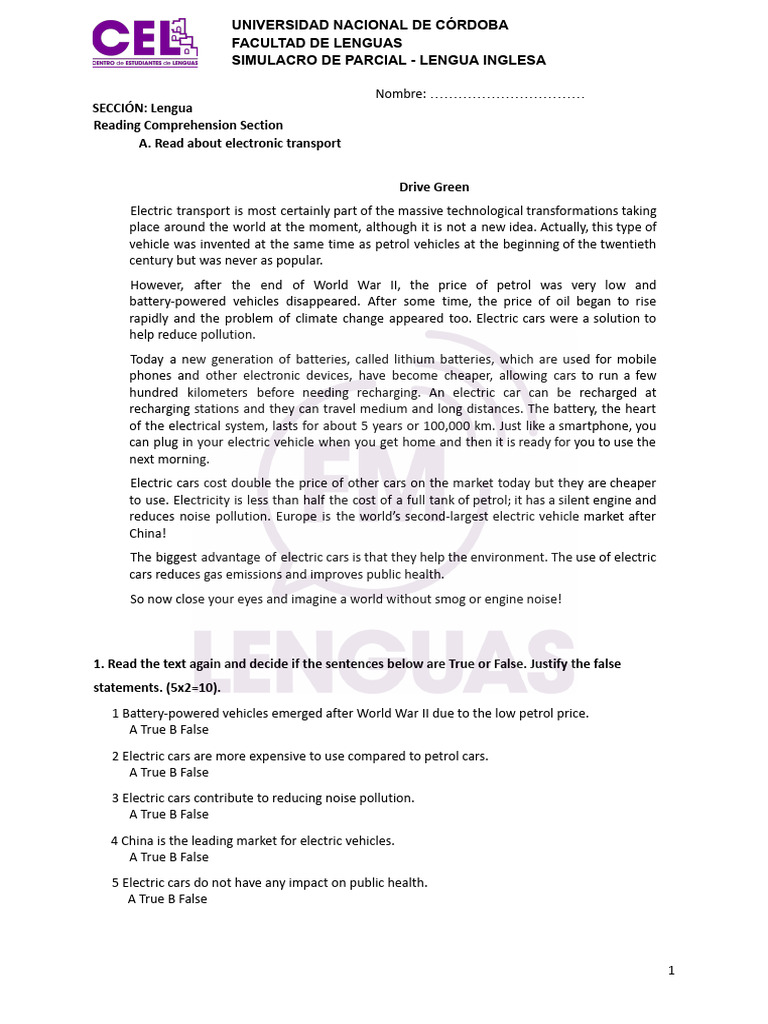 Ingles - Sin Respuestas - Simulacro 2024 | PDF | Electric Vehicle | Verb