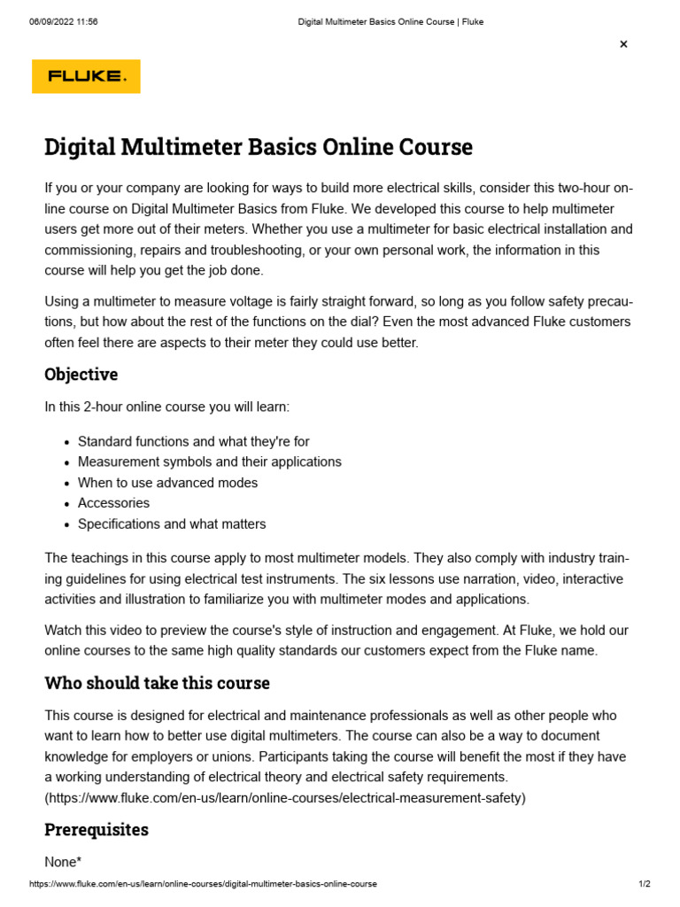 Digital Multimeter Basics Online Course - Fluke | PDF | Educational ... Digital Multimeter Basics Online Course - Fluke | PDF | Educational ...