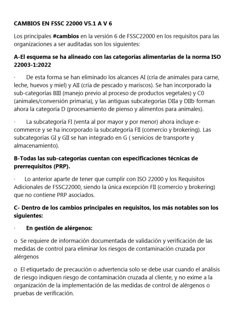 Cambios Clave en FSSC 22000 V6 | PDF | Seguridad alimenticia | Alimentos