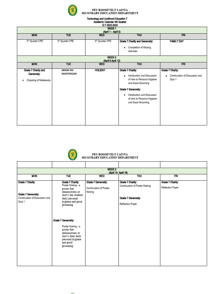 TLE 7 Academic Calendar 4th Quarter | PDF