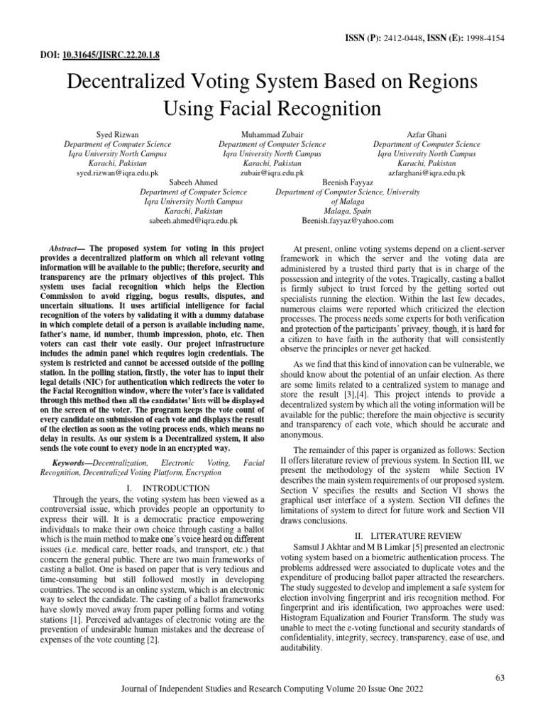 Decentralized Voting System Based On Reg | PDF | Electronic Voting | Biometrics