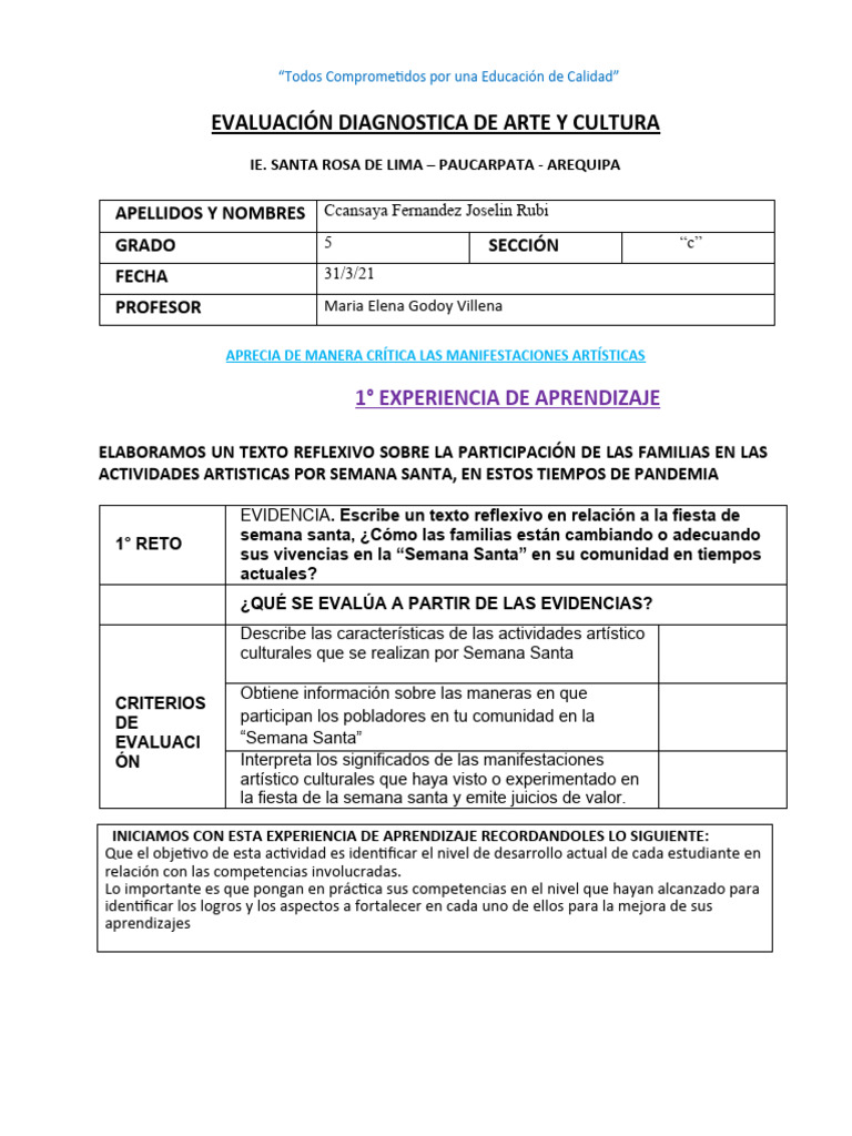 5C Arte Ficha de Evaluacion Diagnostica | Descargar gratis PDF | Evaluación