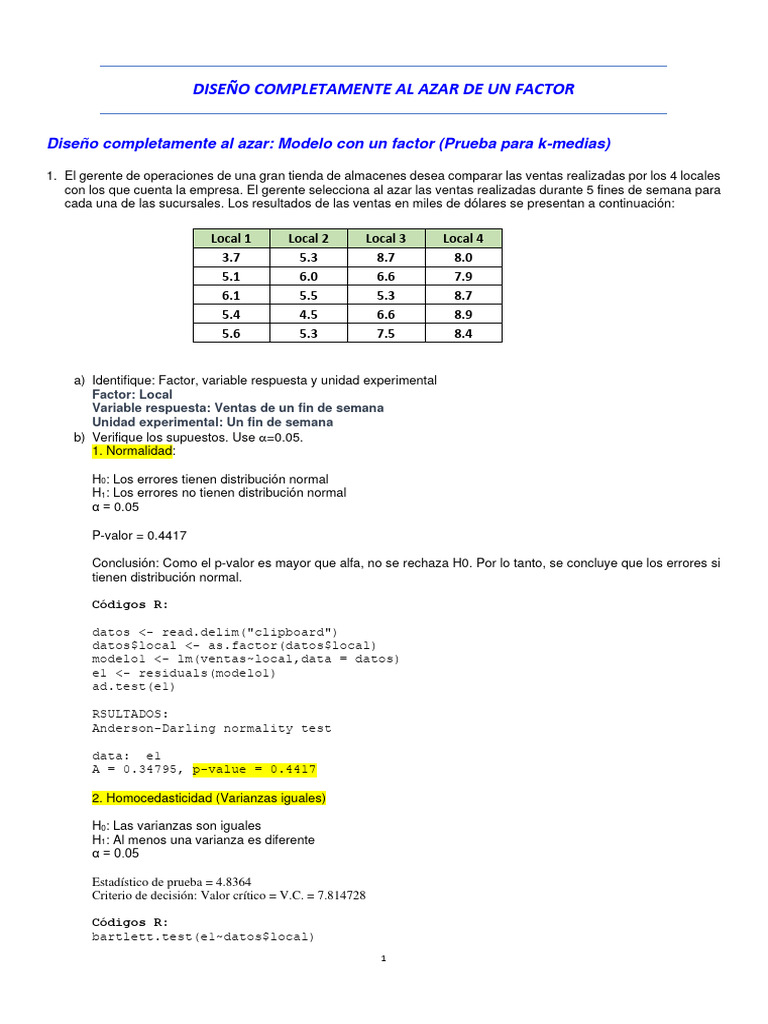 Diseño Completamente Al Azar: Modelo Con Un Factor (Prueba para K ...