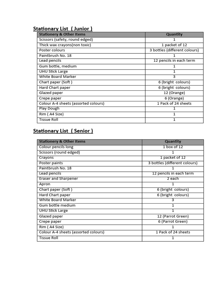 Stationary list | PDF | Pencil | Writing Implements