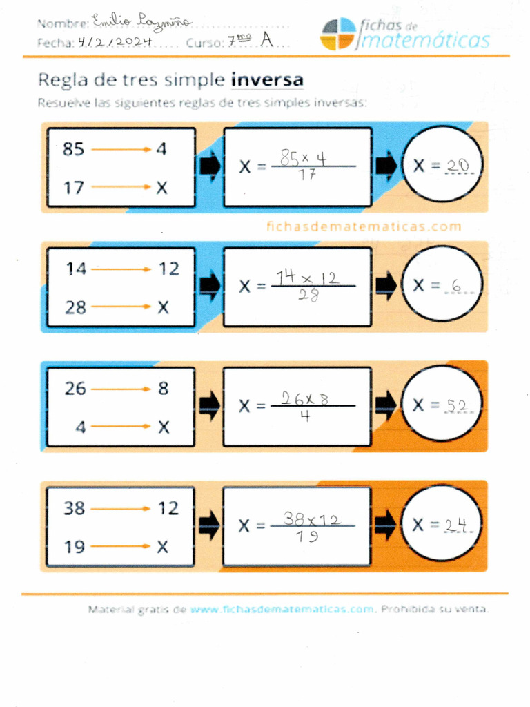 Regla de tres simple inversa 2 | PDF