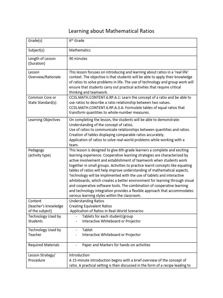 Learning About Mathematical Ratios Lesson Plan - Nagiba Algharazi 1 ...
