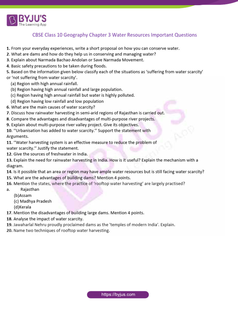 CBSE Class 10 Geography Chapter 3 Water Resources Important Questions | PDF