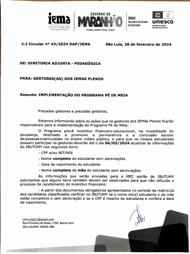 CI Circular 43.2023 - DAP - Iema para Gestores Dos IPs Sobre o Programa Pé de Meia ASSINADA | PDF