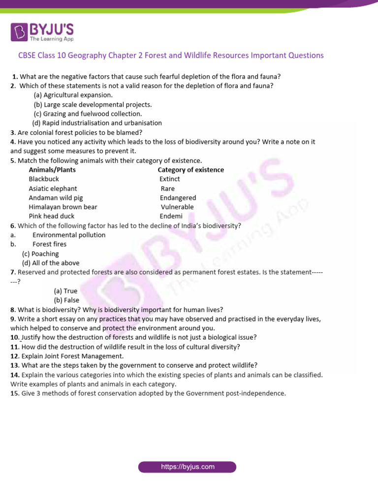 CBSE Class 10 Geography Chapter 2 Forest and Wildlife Resource Important Questions | PDF ...