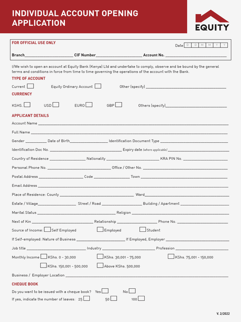 Equity Bank Individual Account Form | PDF | Banks | Cheque