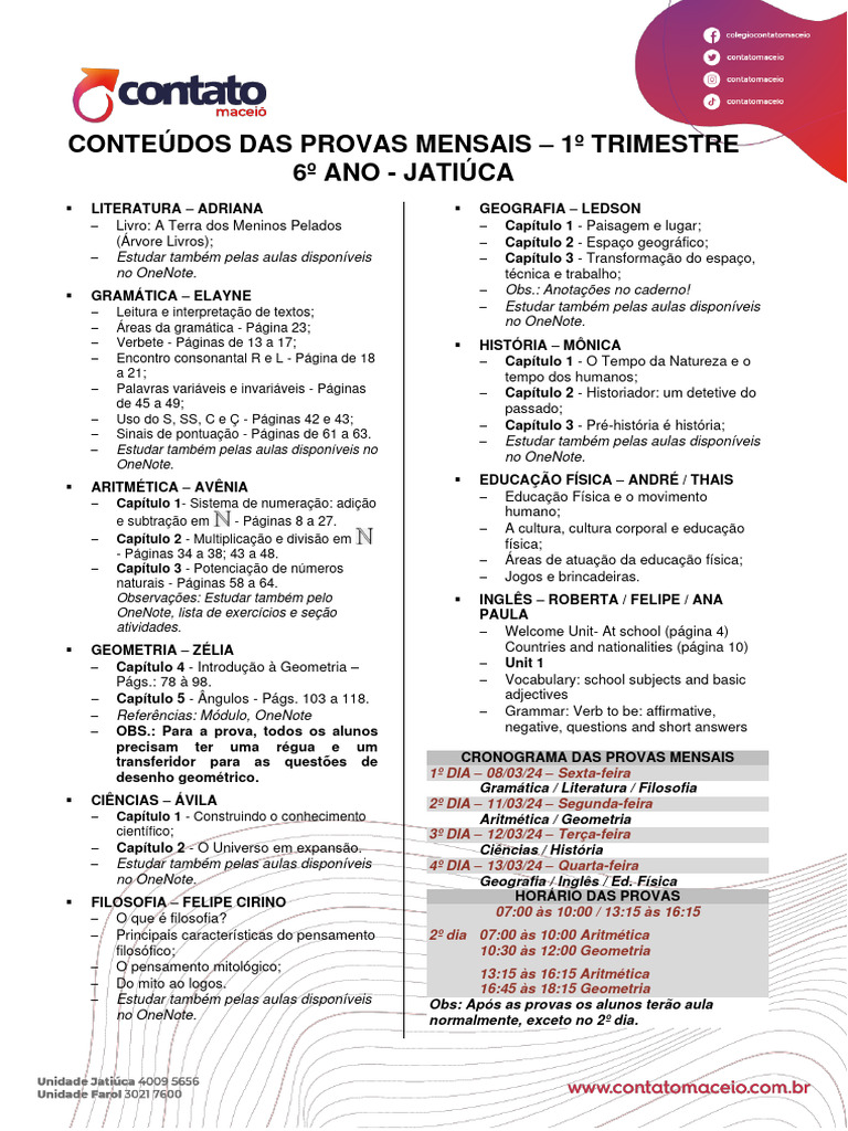 Conteúdos das Provas Mensais 6º Ano | PDF | Matemática | Science