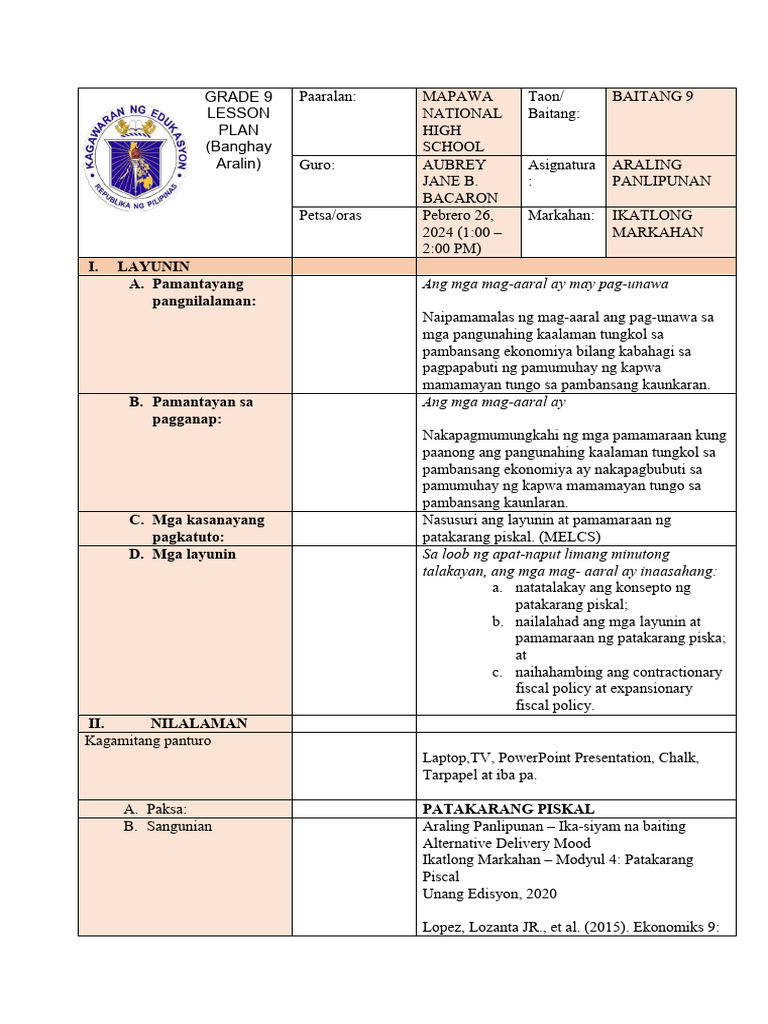 AP9 LessonPlan Valor PATAKARANG PISKAL | PDF