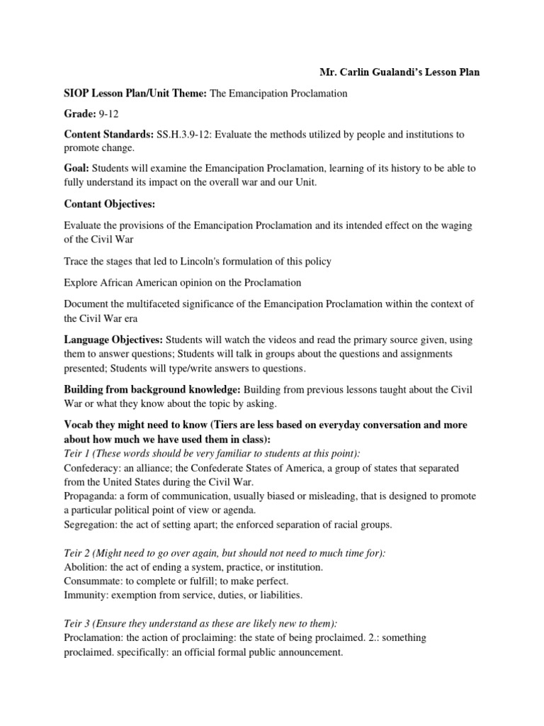 Emancipation Proclamation Lesson Plan | PDF | Emancipation Proclamation ...