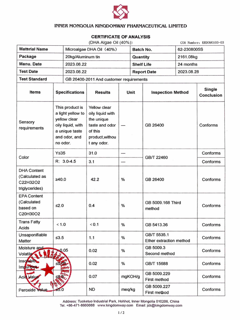 Dha Algae Coa+Flow+Halal | PDF | Organic Acids | Biomolecules