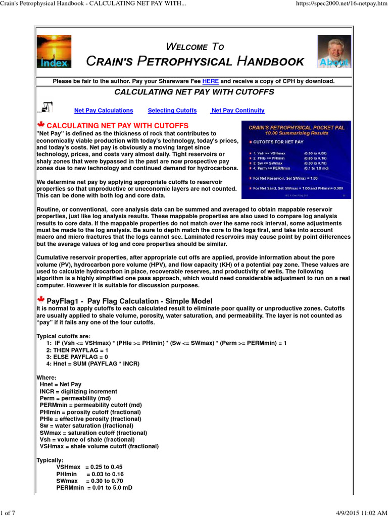 Crain's Petrophysical Handbook - CALCULATING NET PAY WITH CUTOFFS | PDF ...
