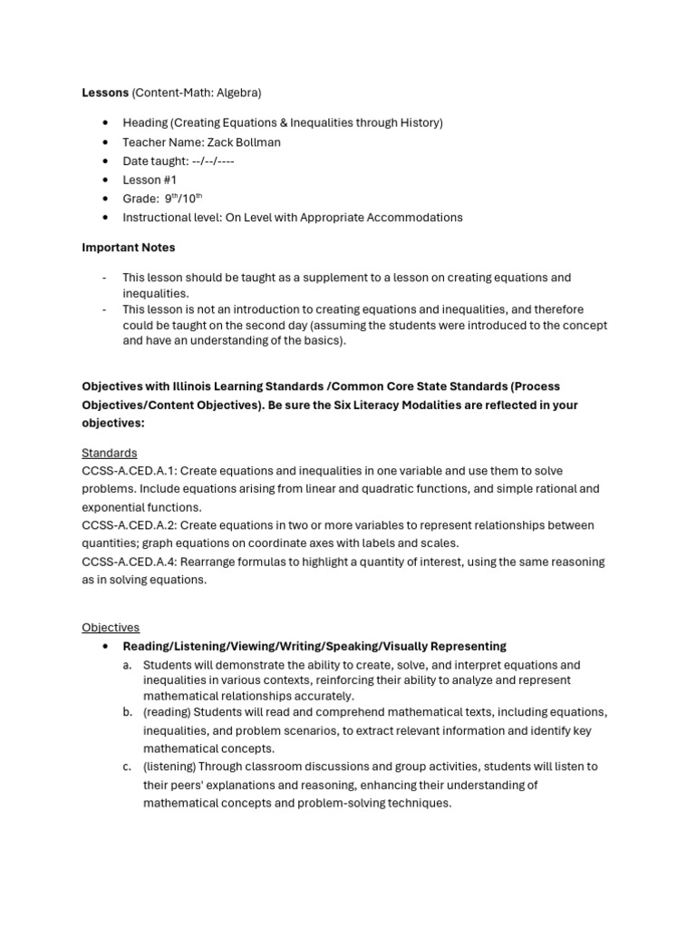 Lesson Plan Creating Equations | PDF | Equations | Mathematics