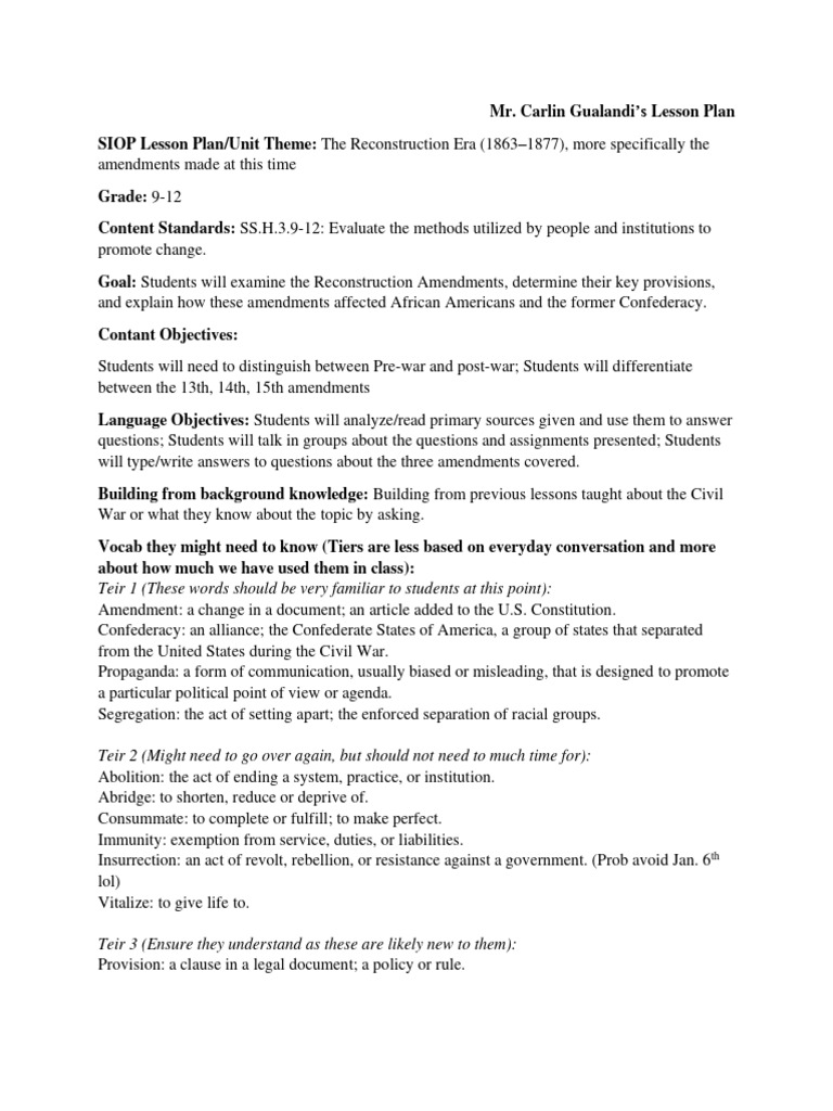 Recontruction Amendments Lesson Plan | PDF | Ratification | Jim Crow Laws