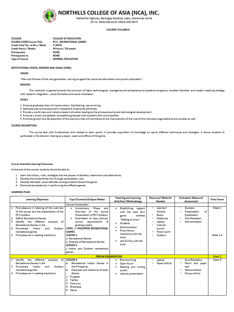 PE 4 Course Syllabus: Recreational Games | PDF | Lecture | Learning