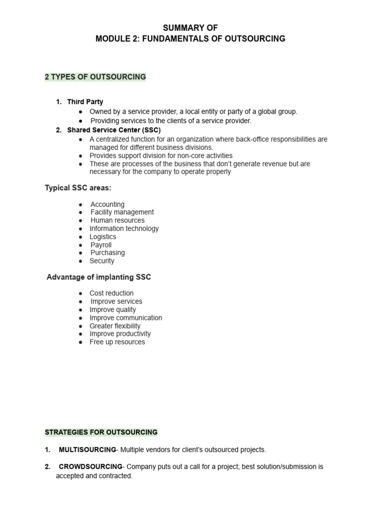 Module 2 Summary | PDF | Outsourcing | Business