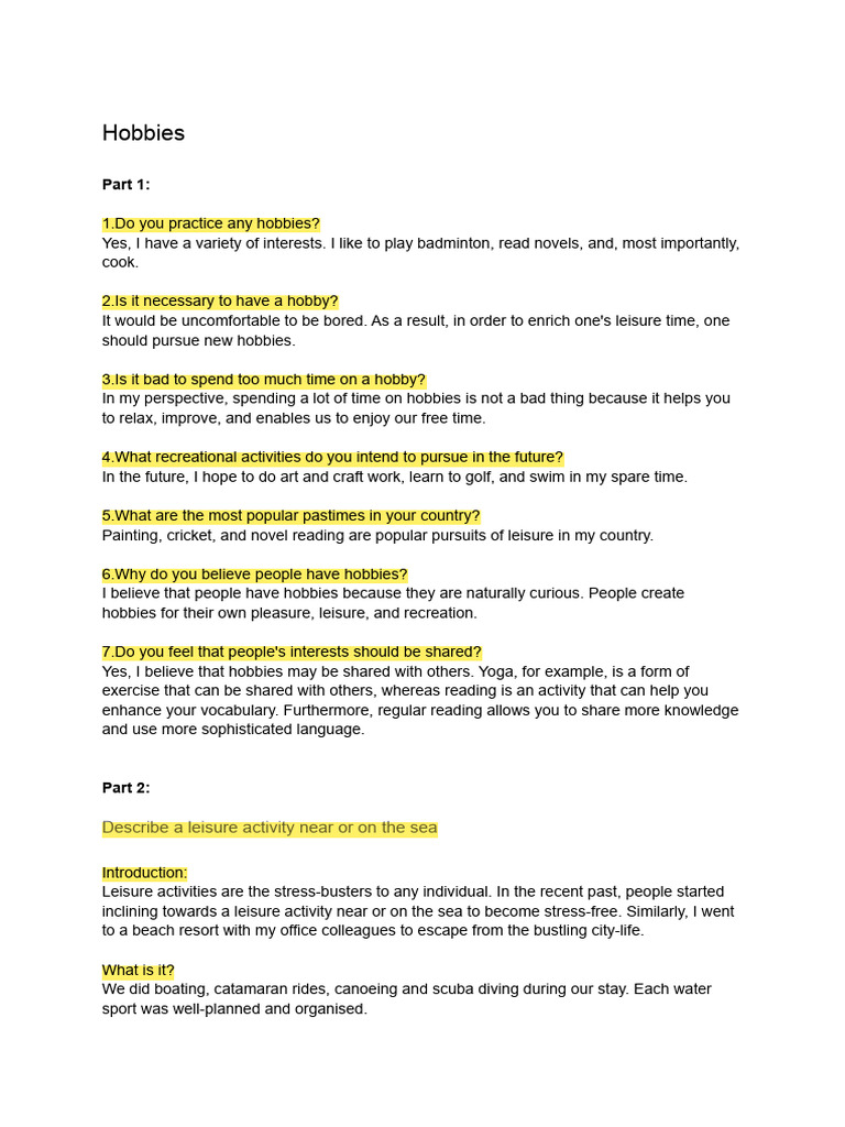 ielts_speaking_hobbies★ | PDF | Leisure | Hobbies