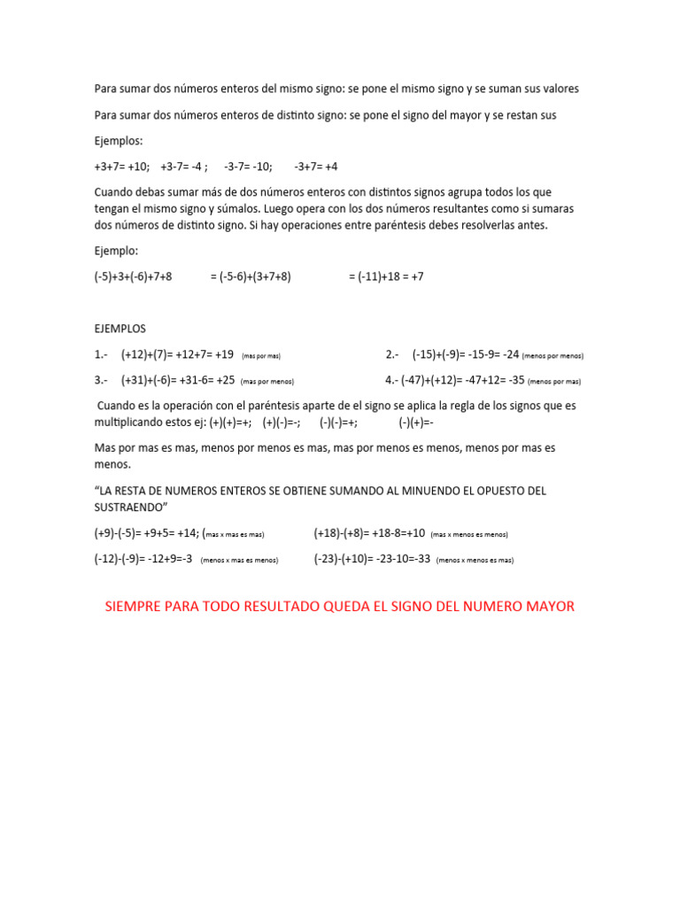 Para Sumar Dos Números Enteros Del Mismo Signo | PDF