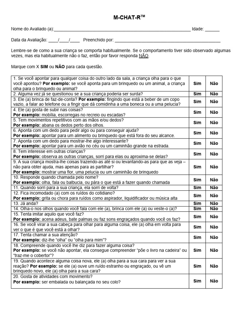 M-CHAT (Para Preencher) | PDF | Brinquedos