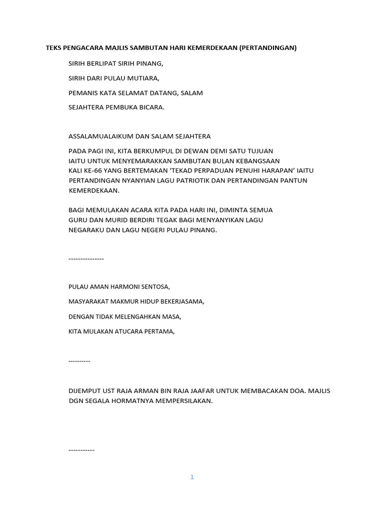 Teks Pengacara Majlis Sambutan Hari Kemerdekaan | PDF