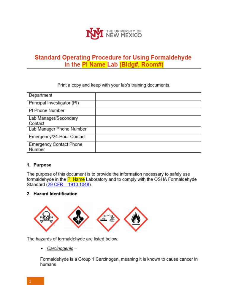 formaldehyde-sop | PDF | Formaldehyde | Personal Protective Equipment