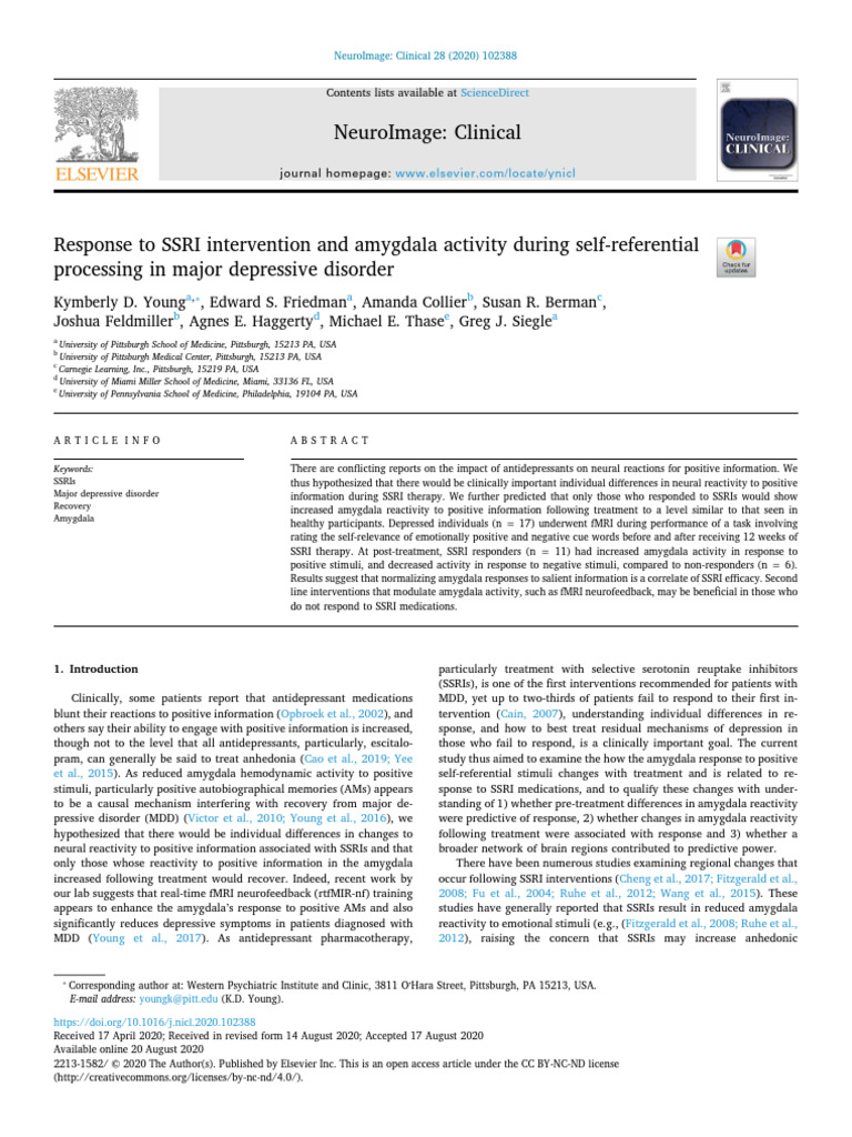 Young Et Al 2020 Response To Ssri Intervention And Amygdala Activity During Self Referential