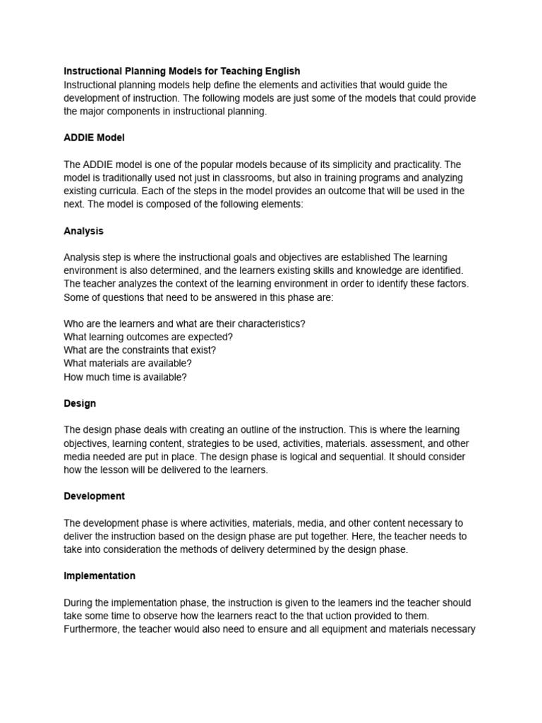 Instructional Planning Models For Teaching English | PDF | Learning | Behavioural Sciences
