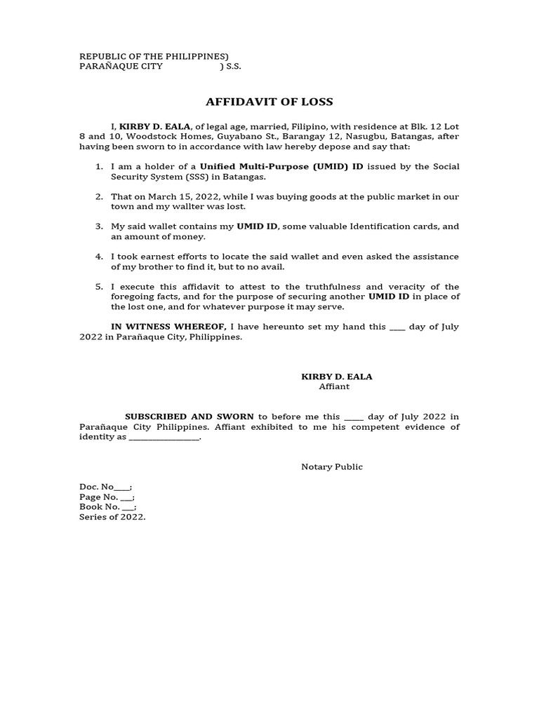 Sample Affidavit of Loss UMID ID | PDF