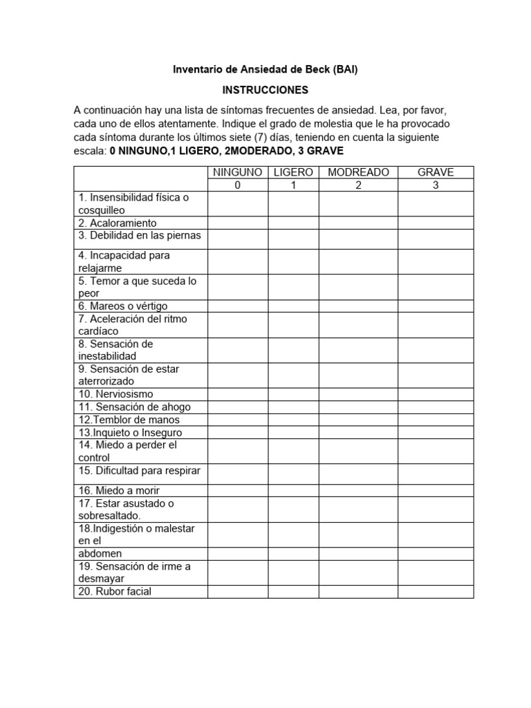 Inventario de Ansiedad de Beck | PDF