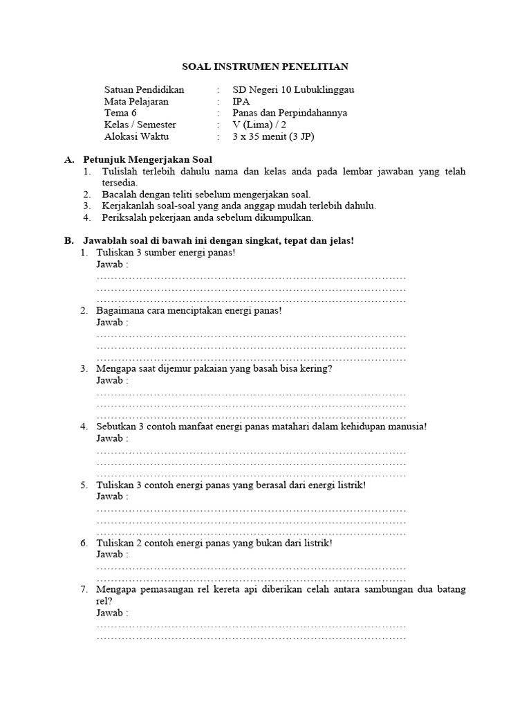 Soal Essay Energi Panas Kelas 5 | PDF | Griya & Taman