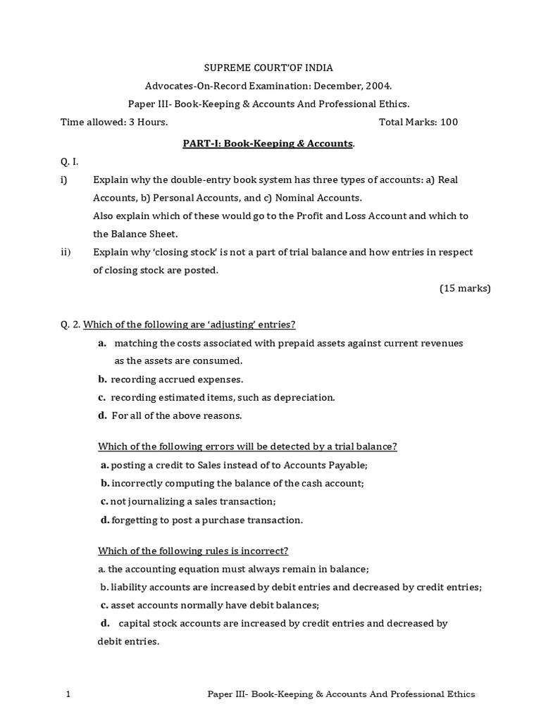 AOR - Paper III Book Keeping Accounts and Professional Ethics ALL | PDF ...