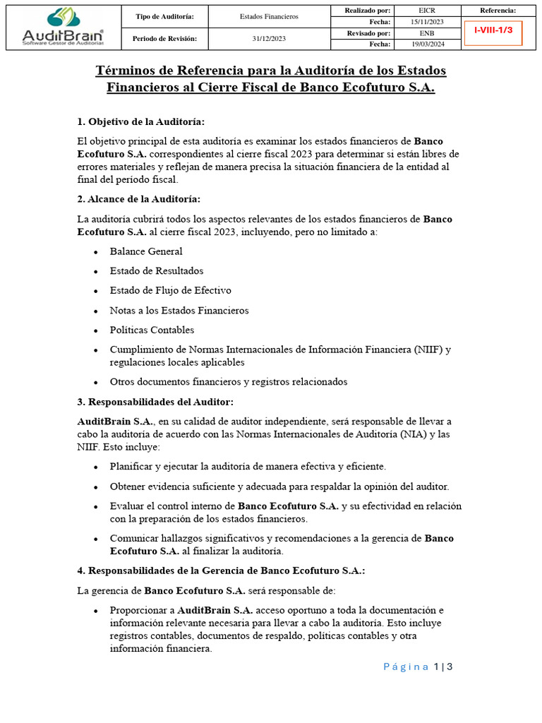 8.1 Términos de Referencia Del Trabajo de Auditoría Externa | PDF ...