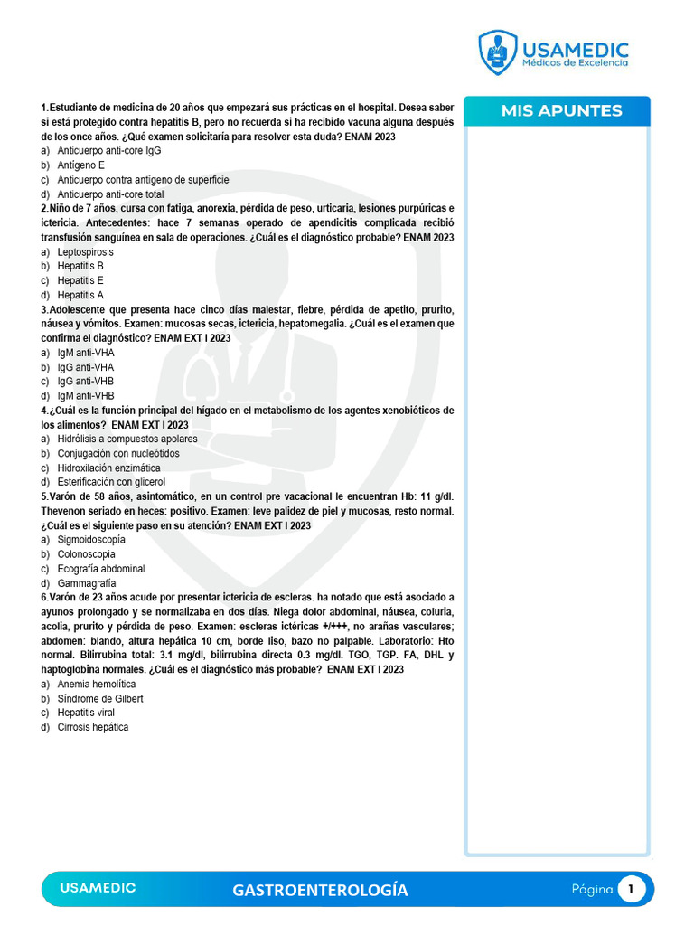 Banqueo de Gastroenterologia Enam-Internado Anual Usamedic 2024 | PDF | Hepatitis | Diarrea
