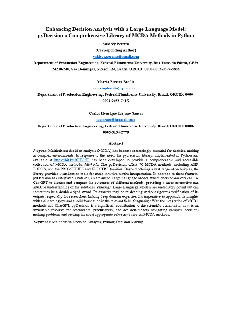 Enhancing Decision Analysis With A Large Language Model: Pydecision A Comprehensive Library of ...