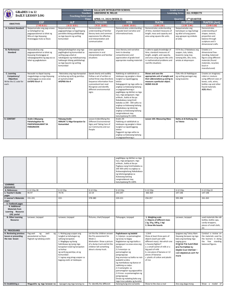 DLL - All Subjects 2 - Q4 - W2 - D2 | PDF